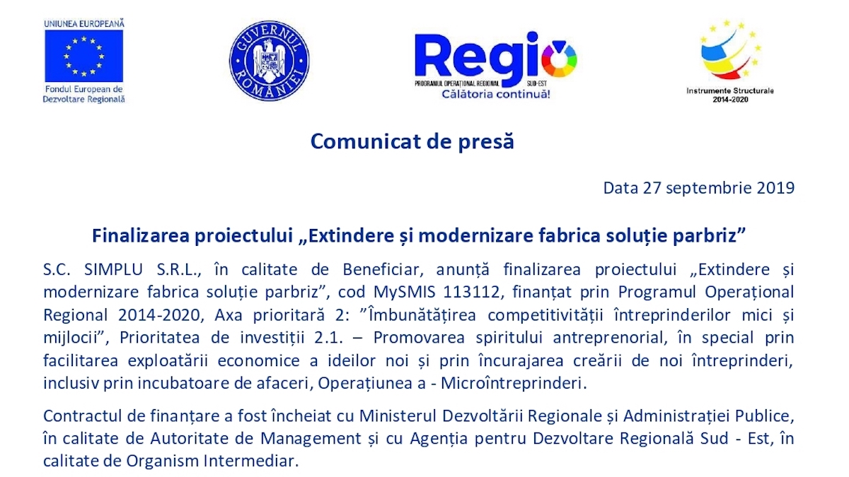 Finalizarea proiectului “Extindere și modernizare fabrică soluție parbriz” – CTnews